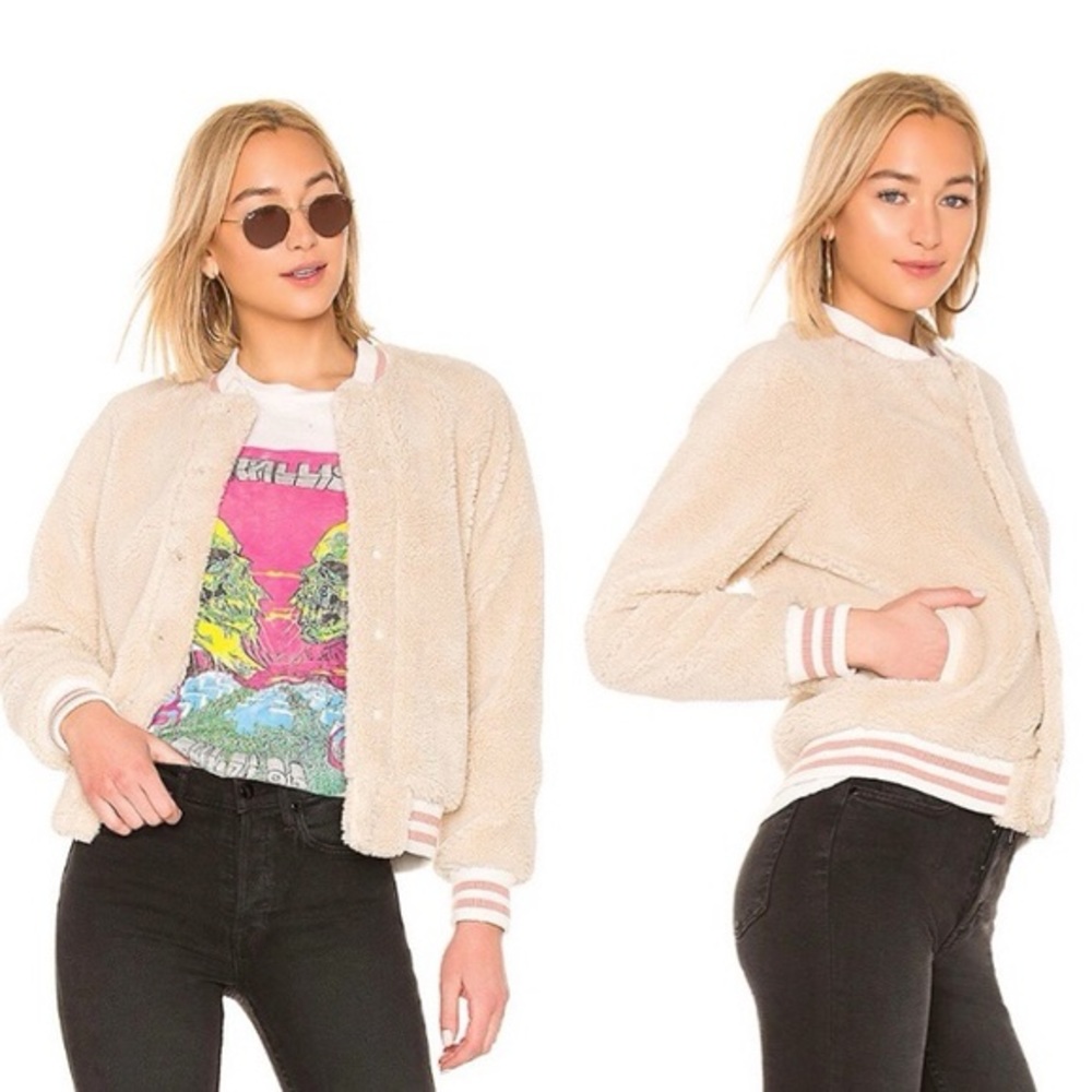 Mother Teddy Faux Fur Snap Letterman Cream & Pink Jac… - Gem